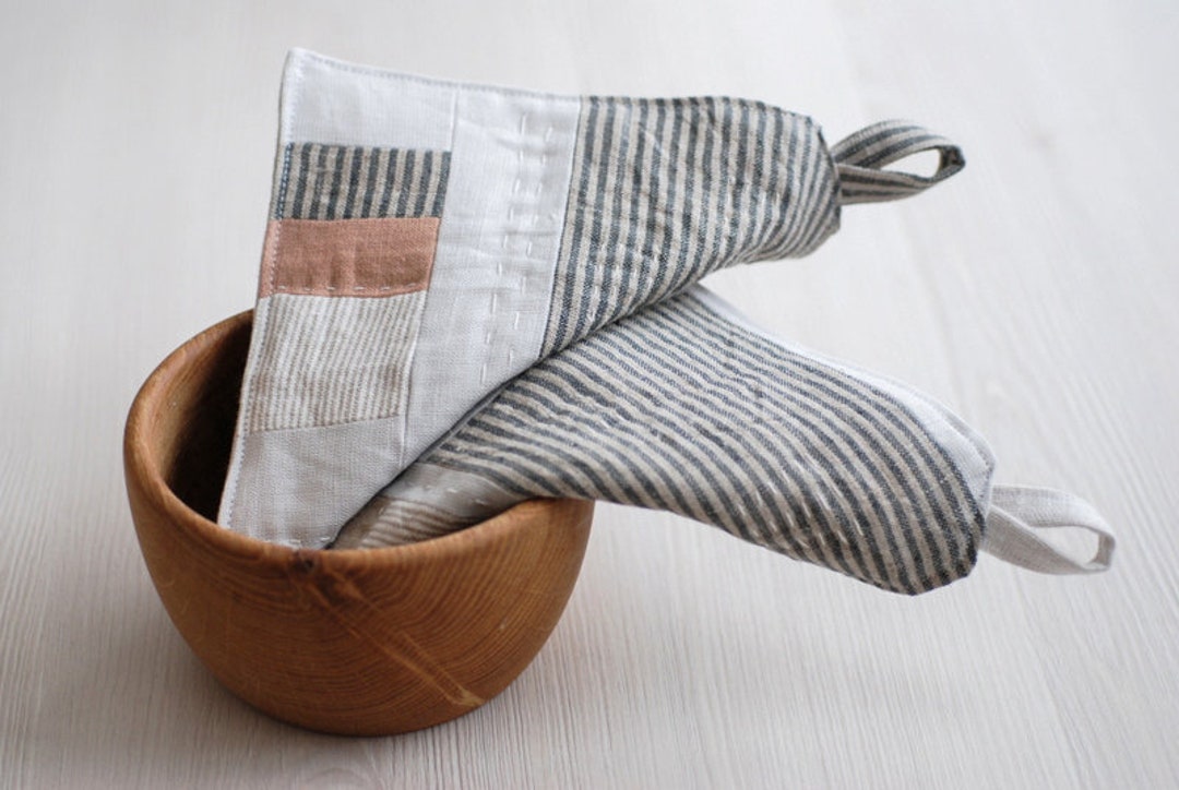 Set of 2 Linen Pot Holders Patchwork, Coasters Kitchen Potholders, Hot ...