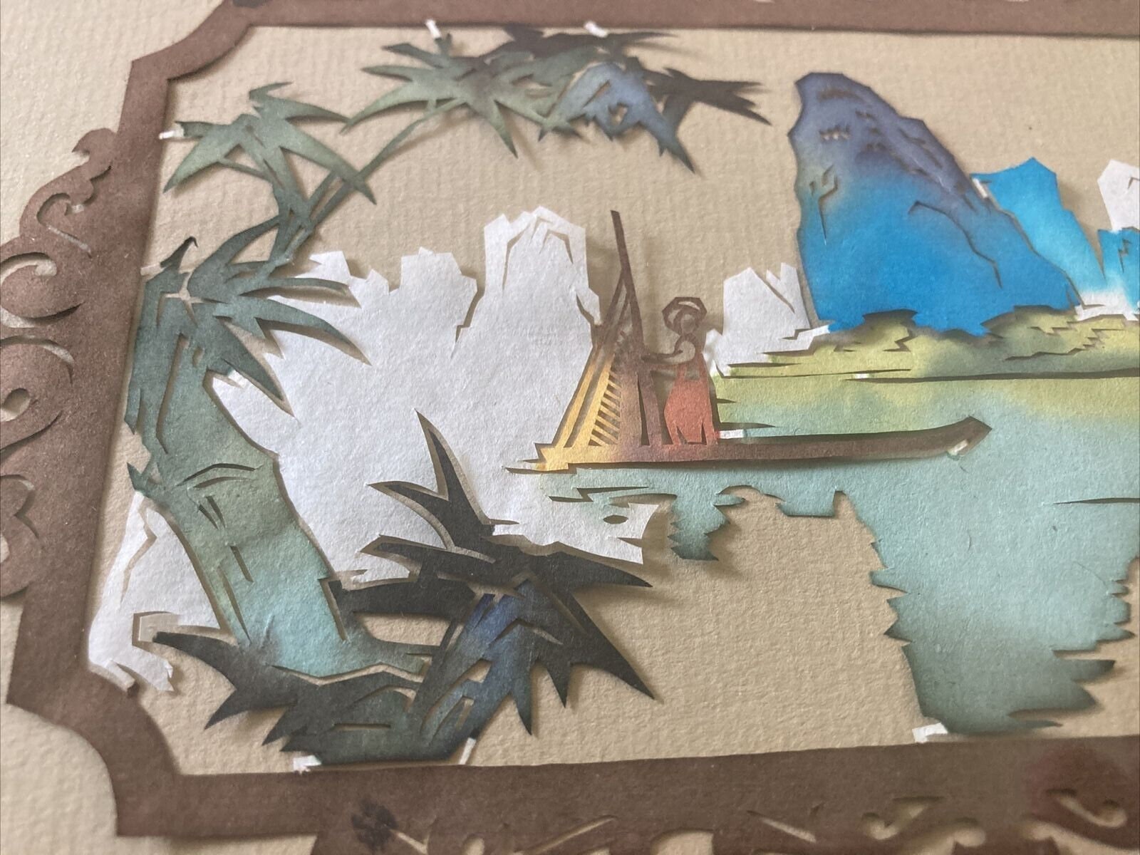 RARE Vintage Asian Water Scene Paper Cutting Framed Intricate ...