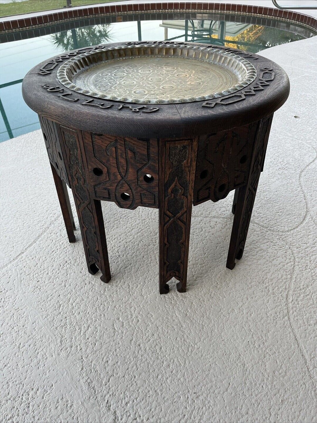 ANTIQUE OCTAGON Side Table Syrian Style Moroccan Etched Brass Tray ...