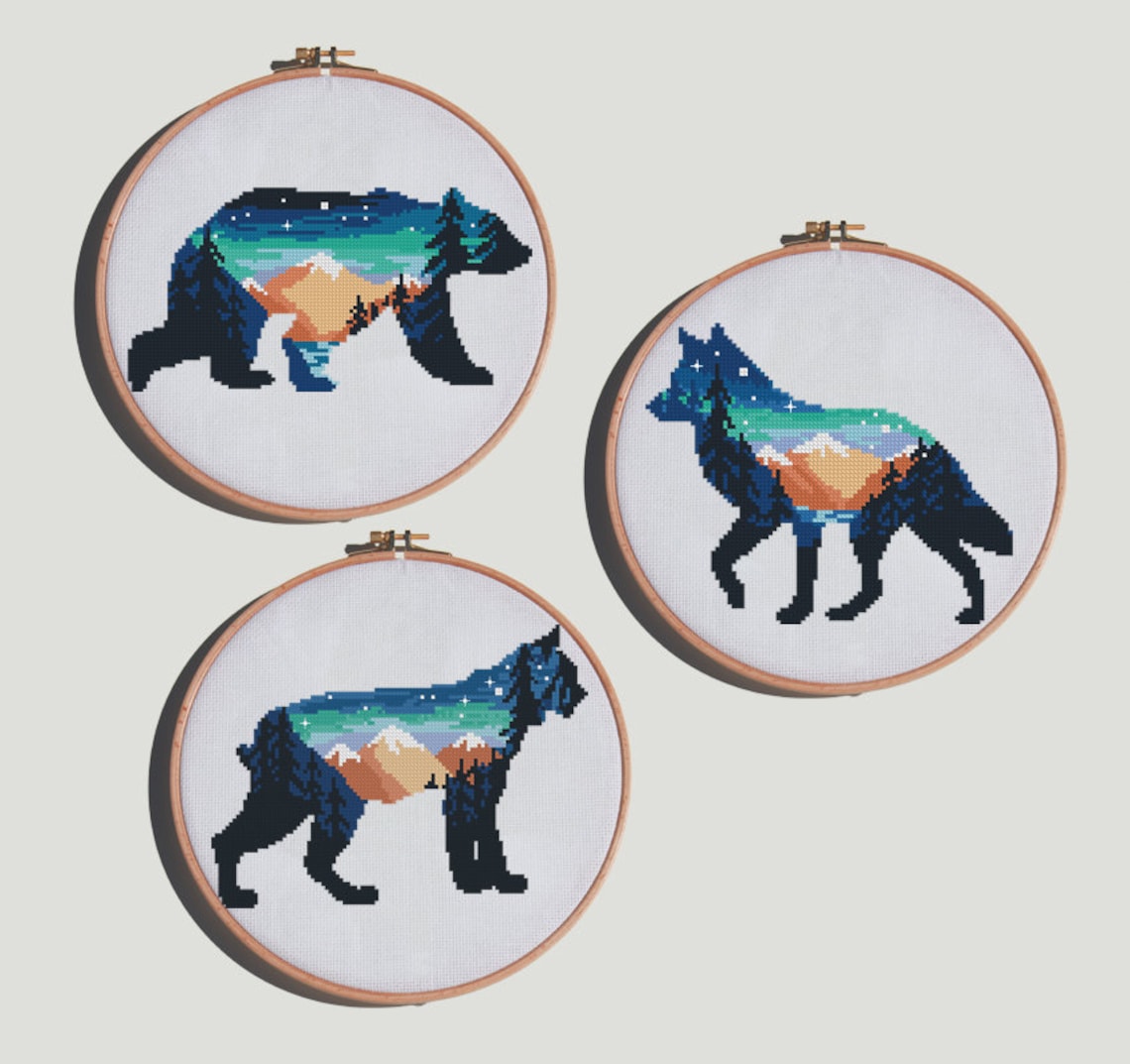 Animals set counted cross stitch pattern lynx bear wolf | Etsy