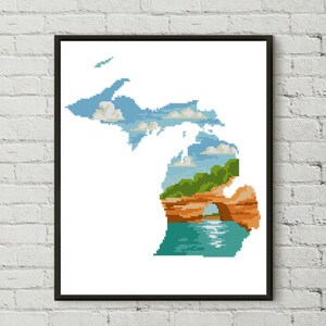 Michigan State Cross Stitch Pattern Skyline Landscape USA Starry Night ...