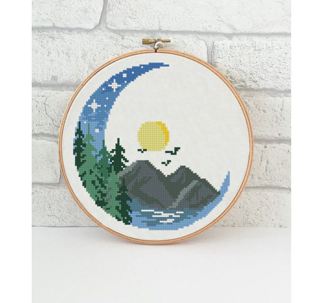 Landscape in Half of Moon Counted Cross Stitch Pattern Forest Mountains ...