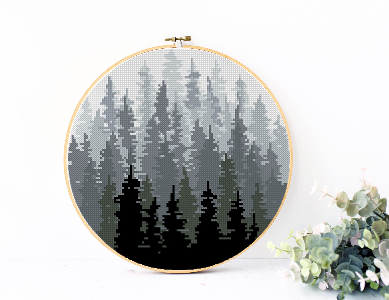 Foggy forest counted cross stitch pattern nature landscape | Etsy