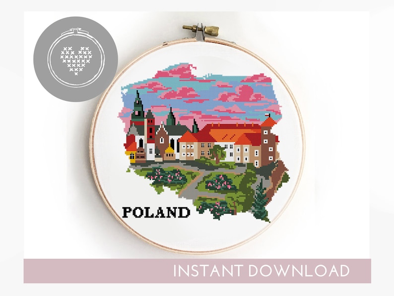 Poland Cross Stitch Pattern PDF | Landscape Silhouette Nature Design ...