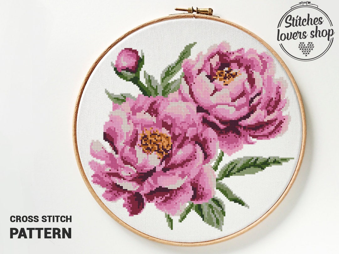 Peony Cross Stitch Pattern Watercolor Flowers Chart Home Decor DIY Gift ...