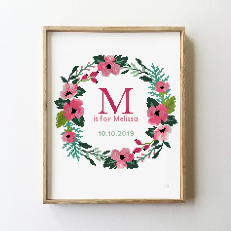 Floral birth announcement flowers baby girl sampler decor | Etsy