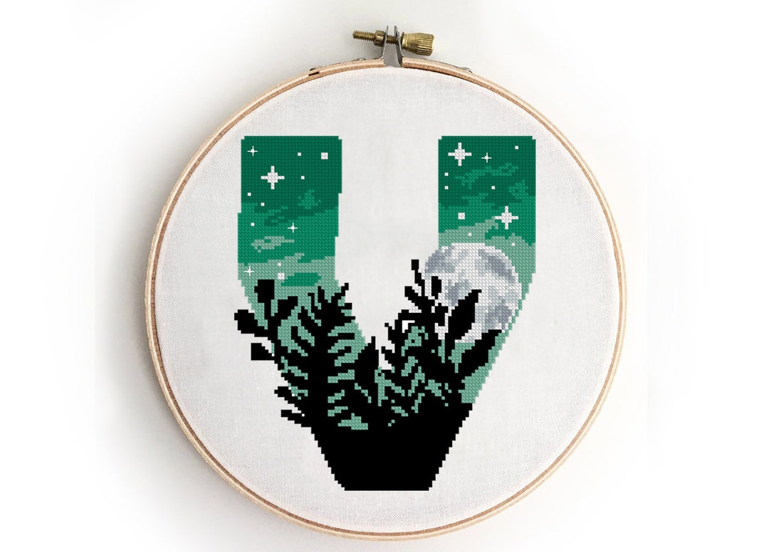 Letter V Counted Cross Stitch Pattern Monogram Night Sky Forest Nursery ...