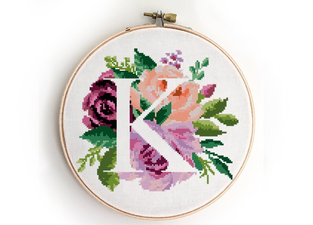 Letter K Counted Cross Stitch Pattern Monogram Floral Peony Roses ...