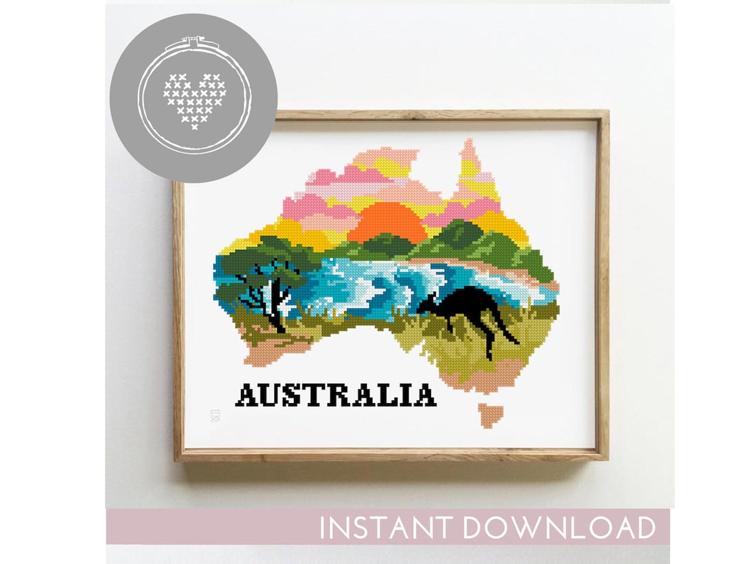 Australia Kangaroo Silhouette Cross Stitch Pattern: Travel Landscape ...
