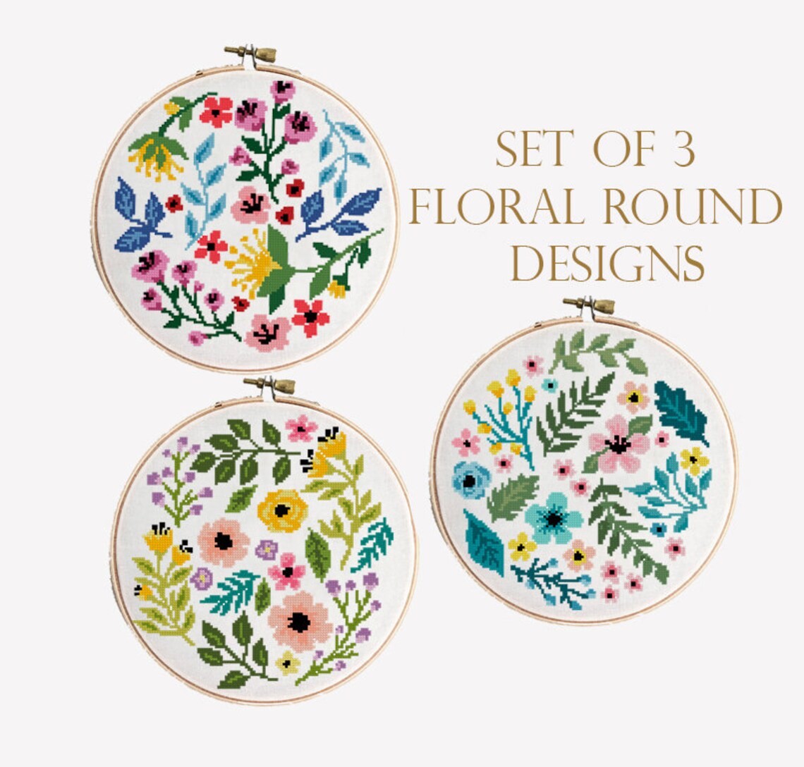 Set of 3 floral round designs counted cross stitch pattern | Etsy