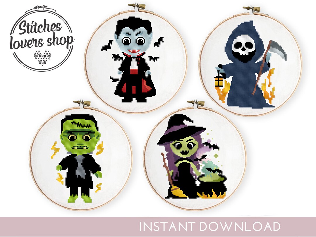 Set of 4 Halloween Characters Counted Cross Stitch Pattern Xstitch ...