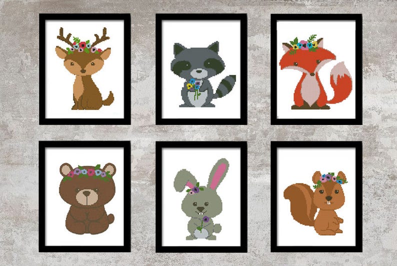 Forest Cute Animals Cross Stitch Pattern Baby Nursery Set of 6 - Etsy