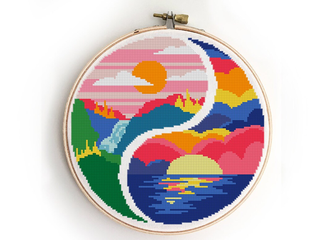 Yin Yang Landscape Cross Stitch Pattern: Mountain Sunset (PDF) - Etsy
