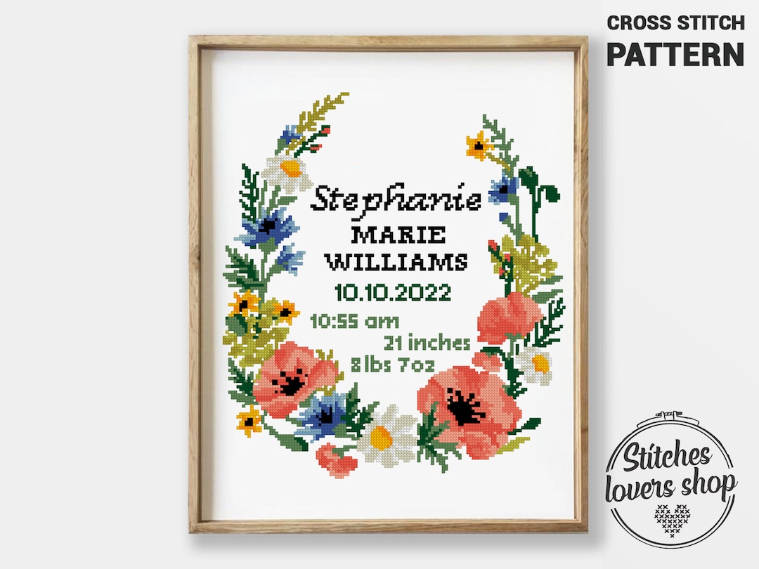 Floral Birth Announcement Cross Stitch Pattern Wreath Flowers ...
