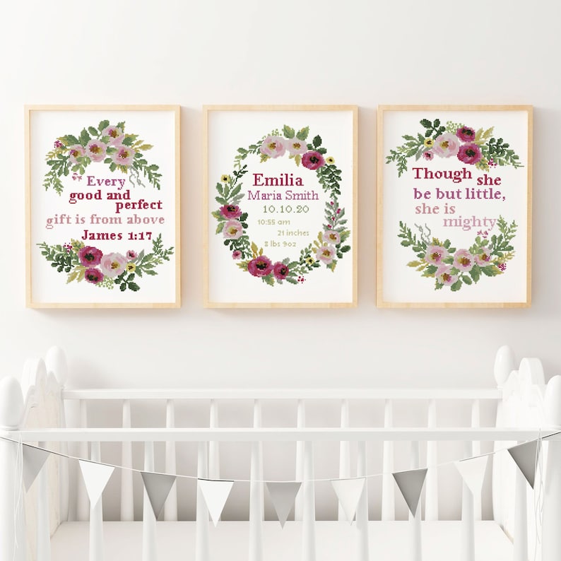 Set of 3 Nursery Cross Stitch Patterns Floral Wreath Flowers - Etsy