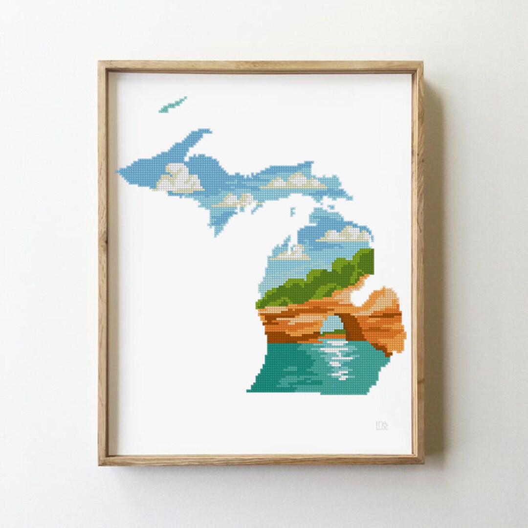 Michigan State Cross Stitch Pattern Skyline Landscape USA Starry Night ...