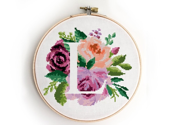 Letter L Counted Cross Stitch Pattern Monogram Floral Peony | Etsy