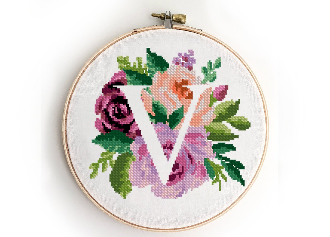 Letter V counted cross stitch pattern monogram floral peony | Etsy