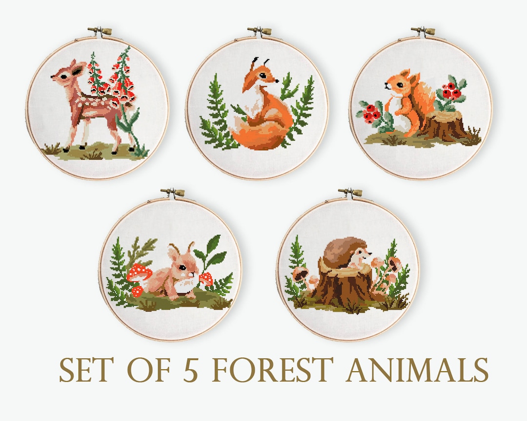 Set of 5 Animals Counted Cross Stitch Pattern Nursery Decor Forest Cute ...