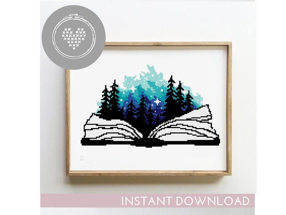 Book counted cross stitch pattern forest magic landscape DIY | Etsy