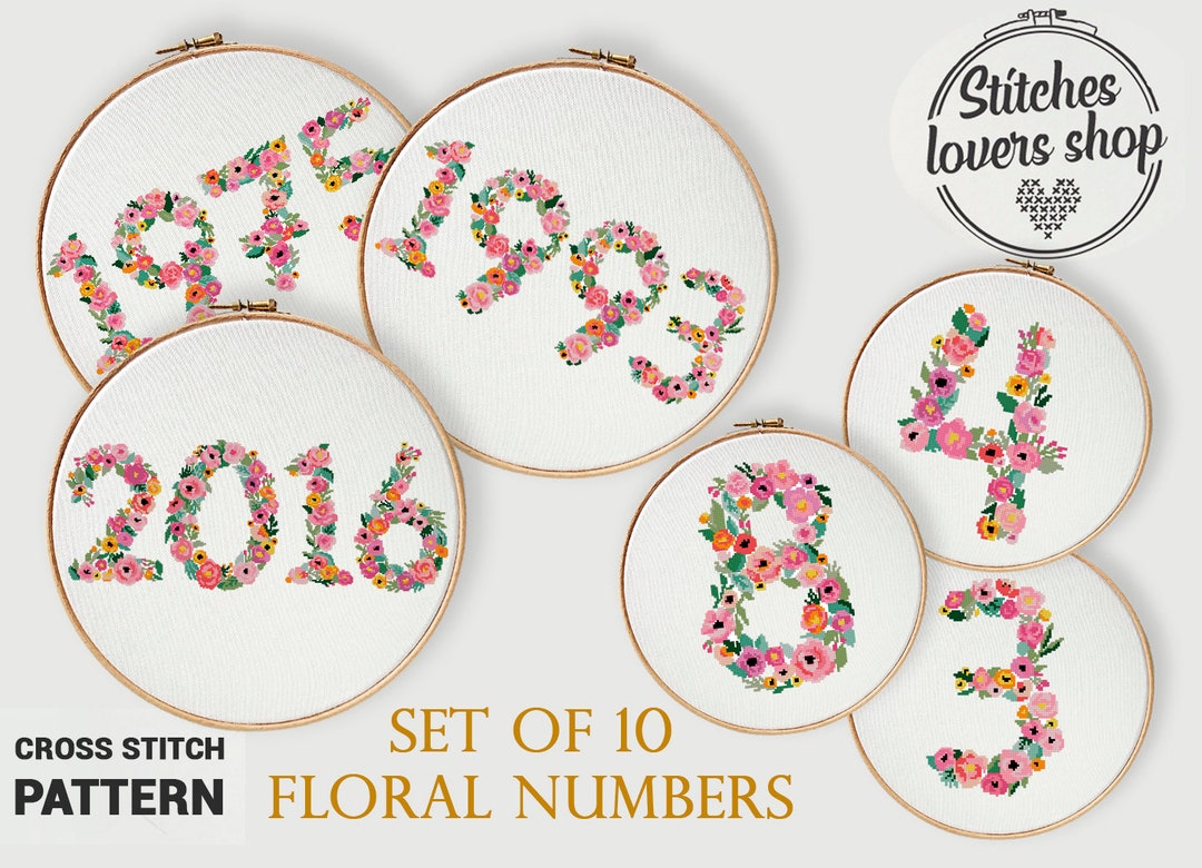 Floral Numbers Cross Stitch Pattern: Set of 10 DIY Monogram (PDF) - Etsy