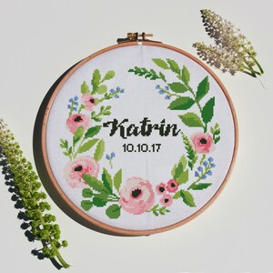 Floral Birth Announcement Flowers Baby Girl Sampler Decor Nursery ...