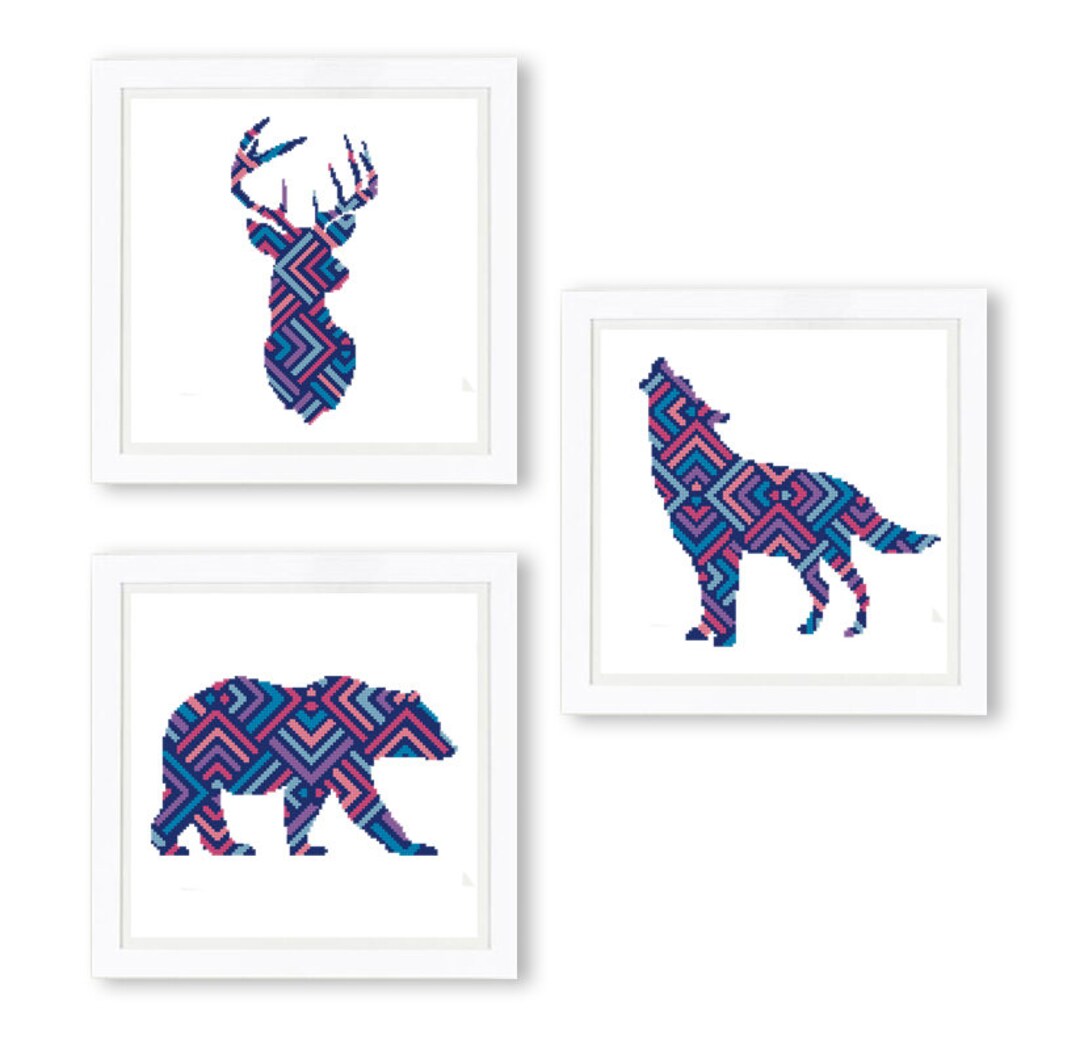 Geometric Animal Cross Stitch Pattern: Bear, Deer, Wolf (PDF) - Etsy