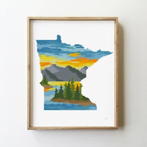 Minnesota State Counted Cross Stitch Pattern USA Silhouette Landscape ...