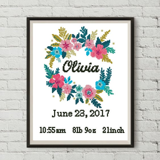 Floral wreath flowers baby girl announcement wall decor | Etsy