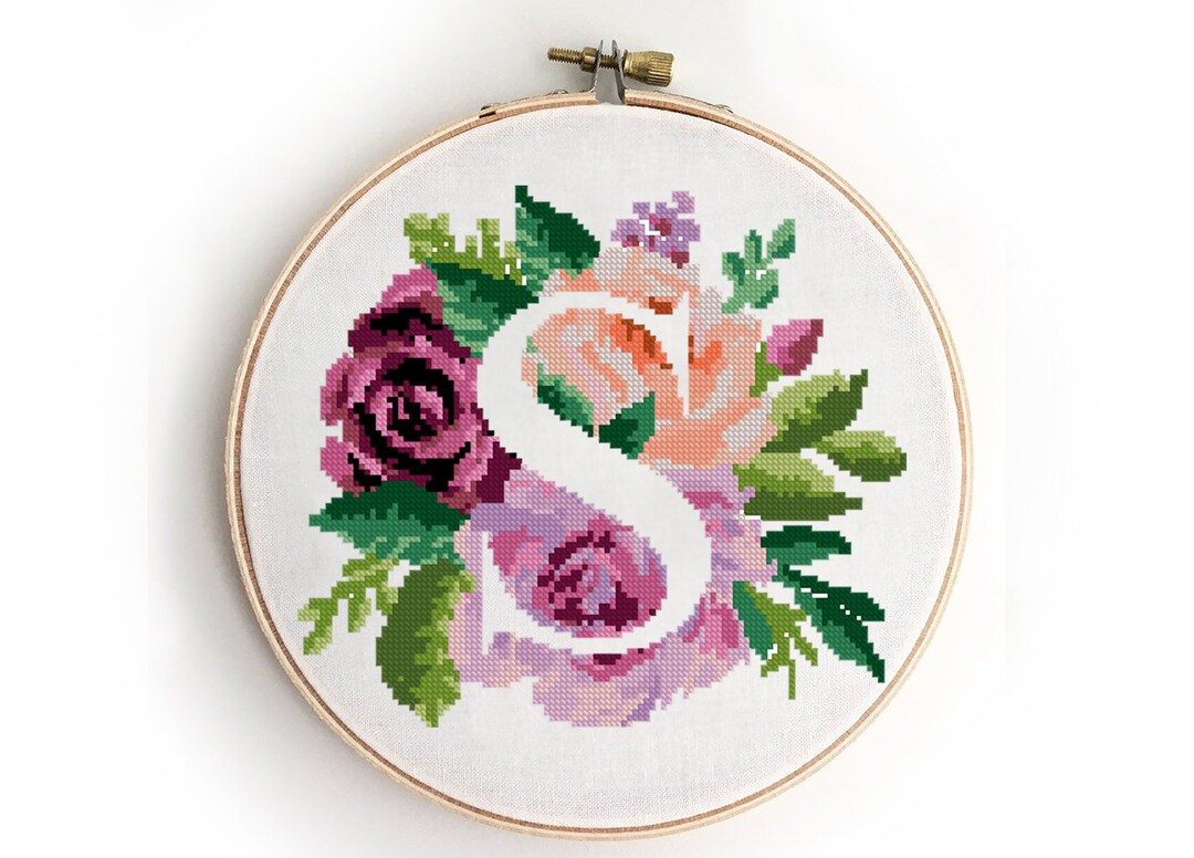 Letter S Monogram Cross Stitch Pattern PDF | Floral Peony & Roses ...