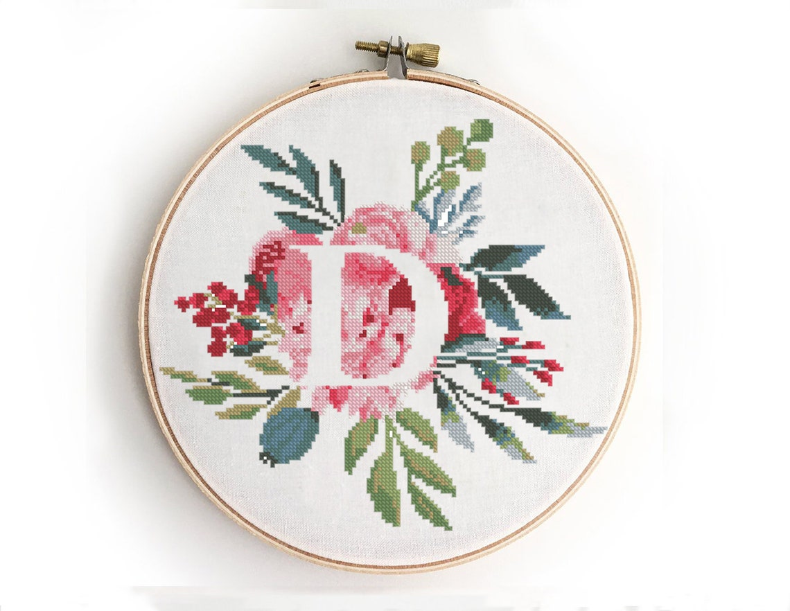 Letter D Counted Cross Stitch Pattern Monogram Floral Peony - Etsy