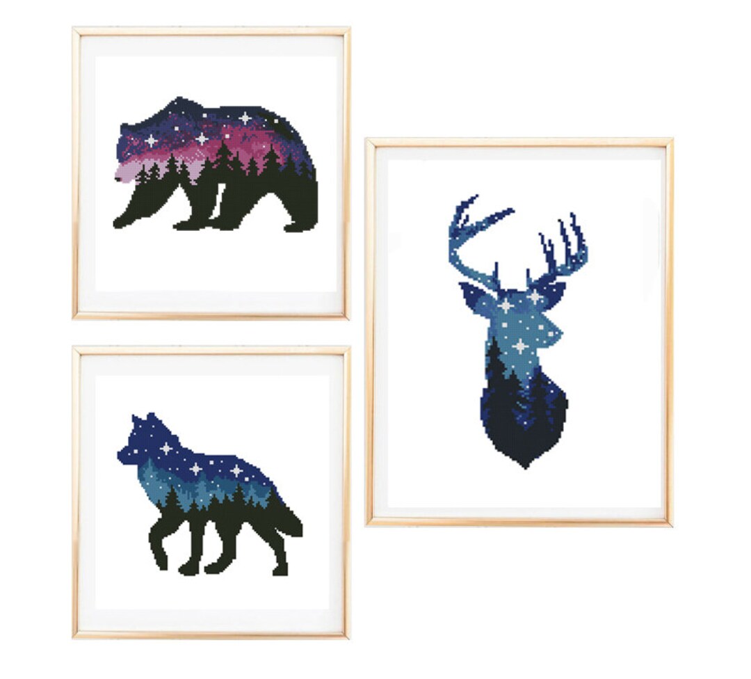 Animal Set Cross Stitch Bear Deer Wolf Mountains Star Sky Trees Camping ...