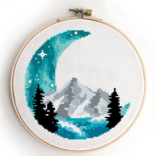 Moon in Triangle Counted Cross Stitch Pattern Landscape Forest - Etsy