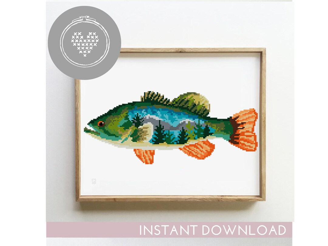 Big Bass Cross Stitch Pattern: Ocean Landscape Silhouette (PDF Pattern ...