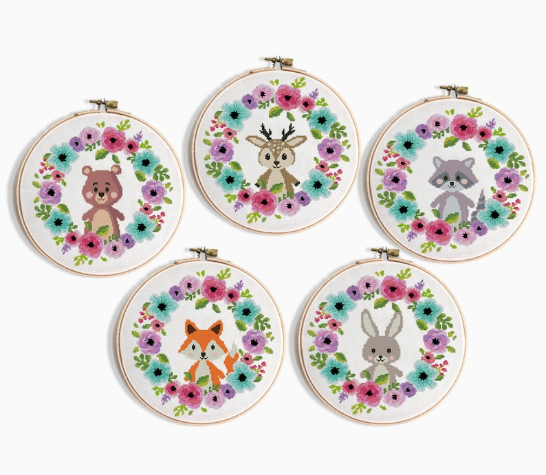 Set of 5 Animals Counted Cross Stitch Patterns Woodland Floral - Etsy
