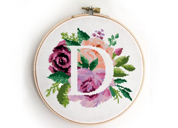 Letter D counted cross stitch pattern monogram floral peony | Etsy