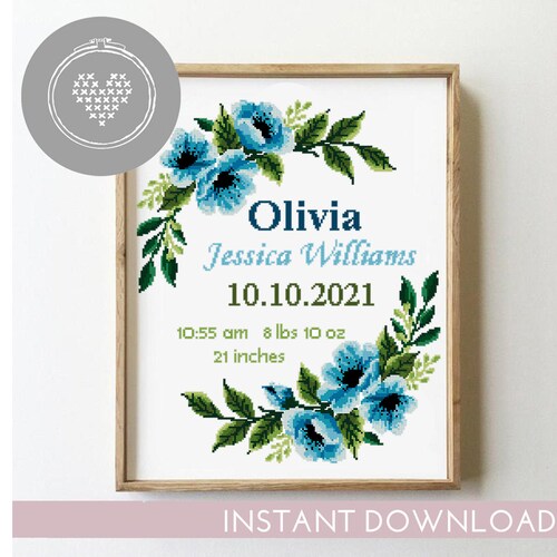 Floral Birth Announcement Cross Stitch Pattern Flowers Baby | Etsy