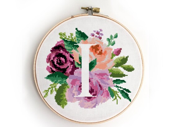 Letter I Counted Cross Stitch Pattern Monogram Floral Peony - Etsy