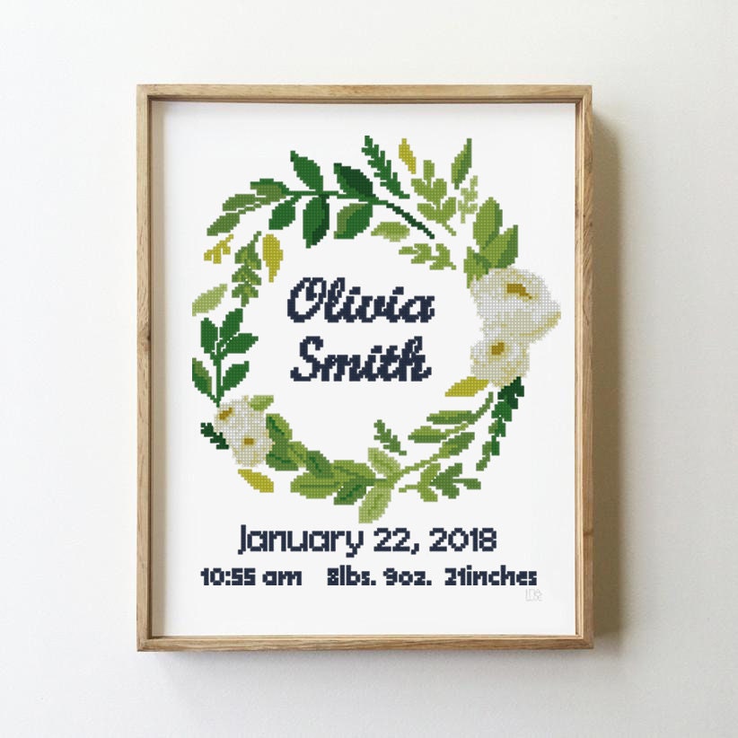 Floral birth announcement flowers baby girl sampler decor | Etsy