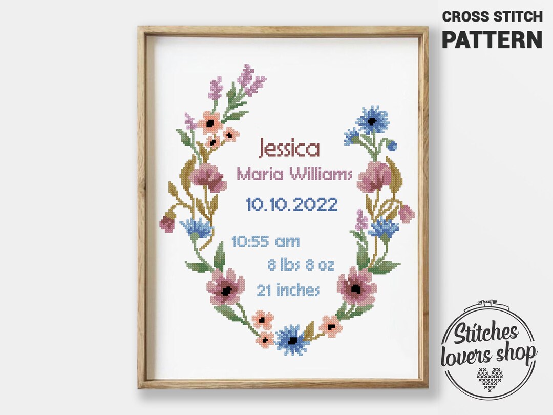 Wildflowers Birth Announcement Counted Cross Stitch Pattern Baby ...