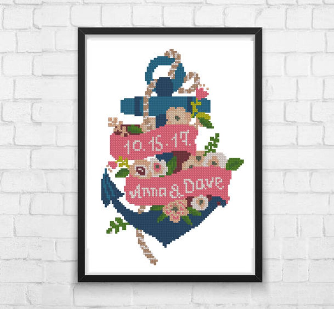 Custom Name Anchor Floral Wedding Counted Chart, Ahoy, Flowers Modern ...