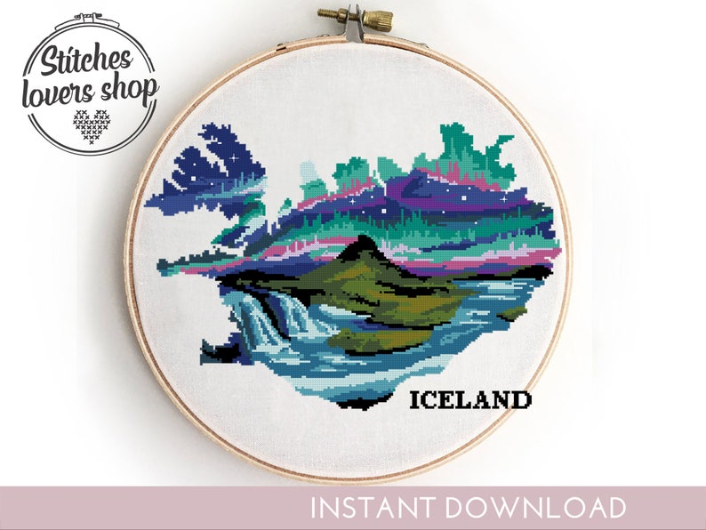 Iceland Landscape Cross Stitch Pattern: Nordic Travel Embroidery (PDF ...