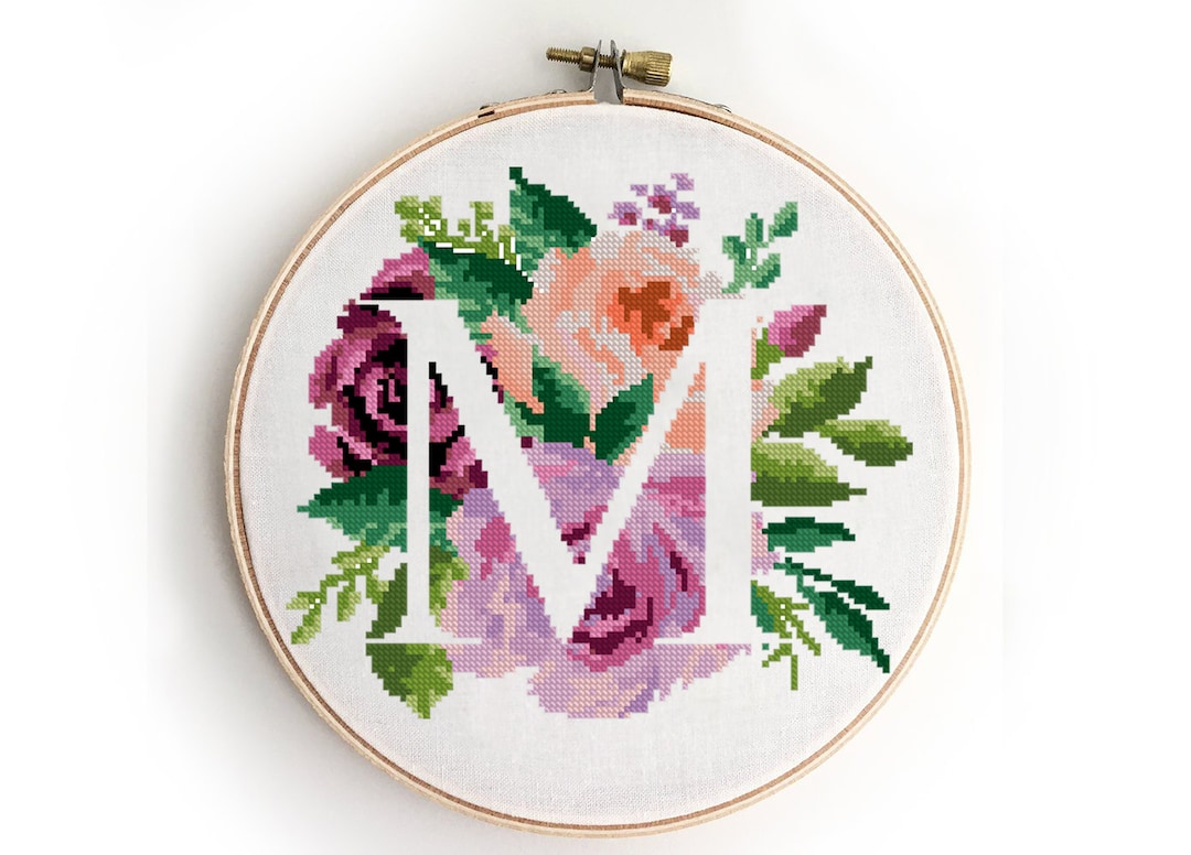 Letter M Counted Cross Stitch Pattern Monogram Floral Peony Roses ...