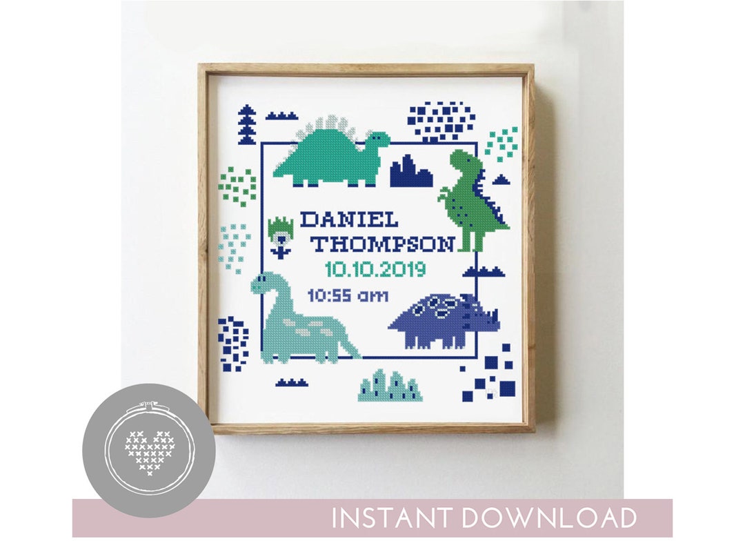 Dinosaurs Birth Announcement Cross Stitch Pattern: Baby Name Sampler ...