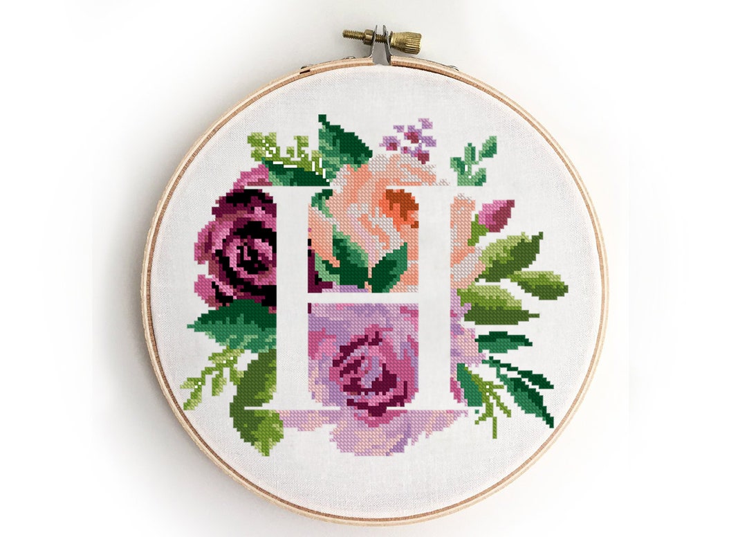 Letter H Counted Cross Stitch Pattern Monogram Floral Peony Roses ...