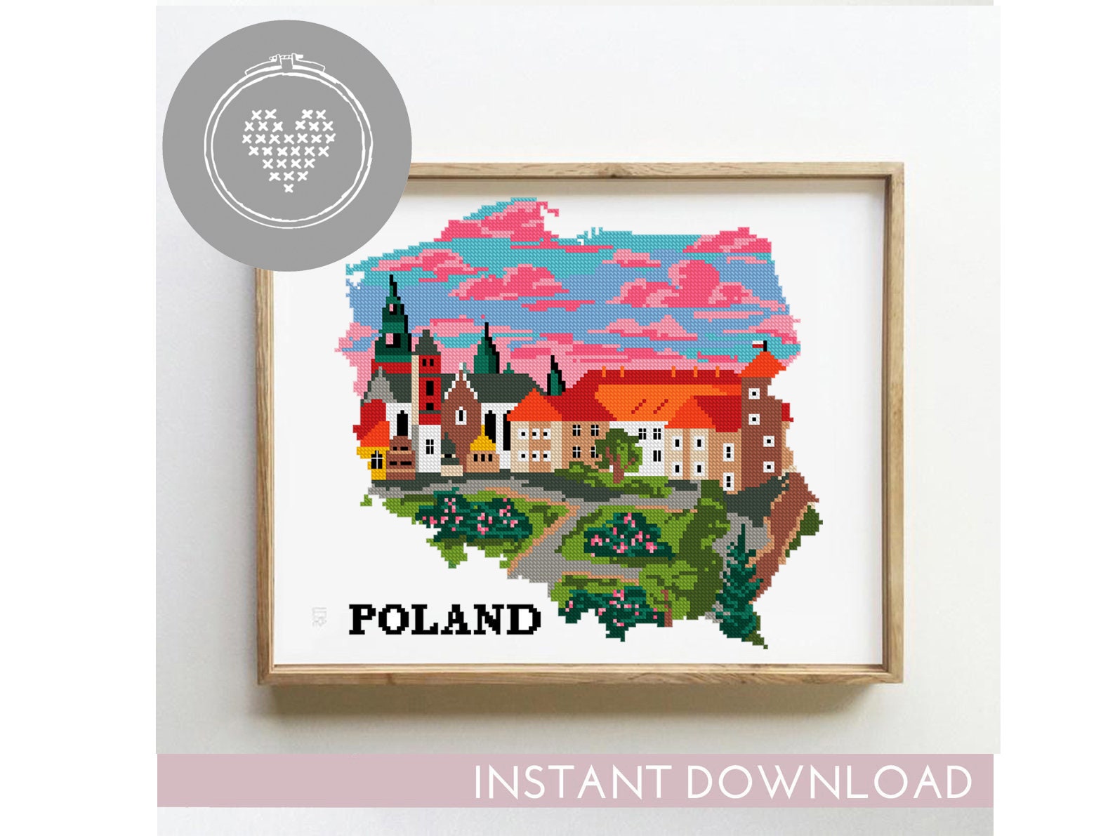 Poland Cross Stitch Pattern PDF | Landscape Silhouette Nature Design ...