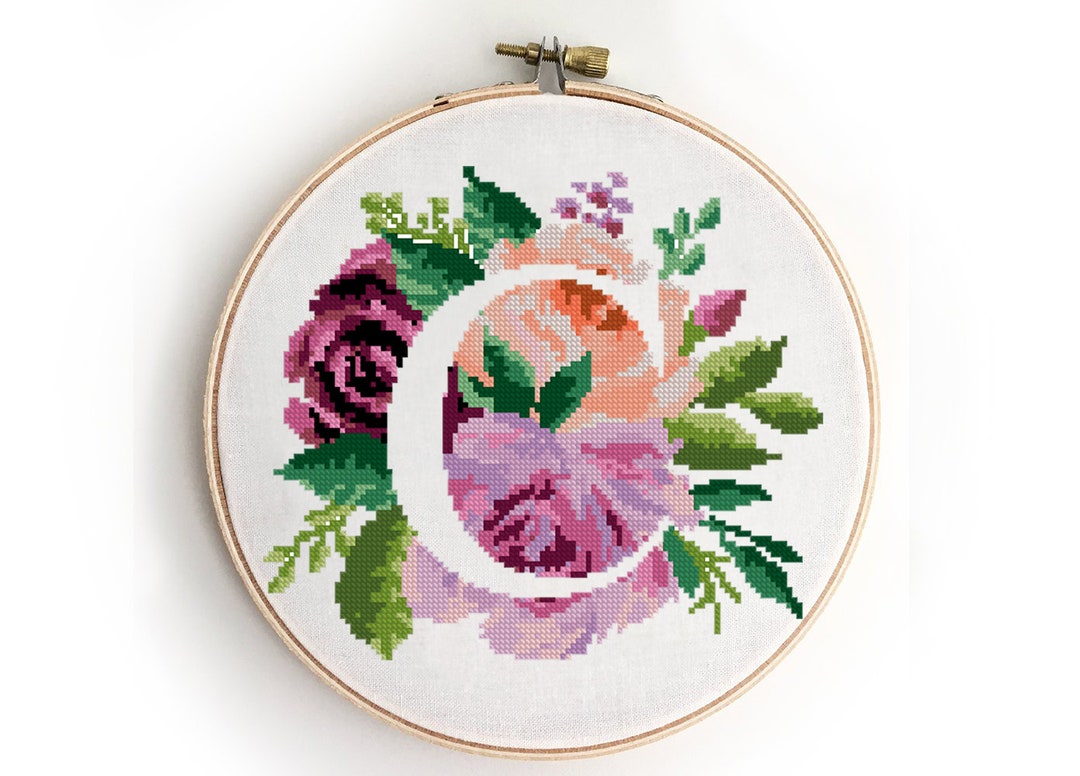 Letter C Counted Cross Stitch Pattern Monogram Floral Peony Roses ...