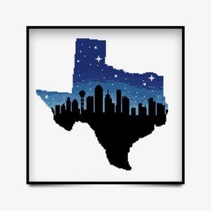 Texas State Cross Stitch Map Silhouette Dallas Skyline Fort Worth USA ...