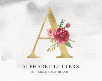 Watercolor Floral Alphabet gold Alphabet Monogram Letters | Etsy
