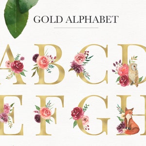 Watercolor Floral Alphabet Gold Alphabet Animal Alphabet - Etsy